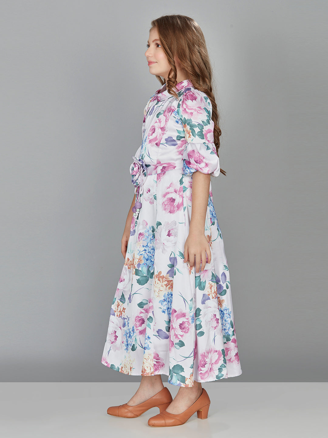 Girls Floral Print Gown with Belt 17056 | Peppermint