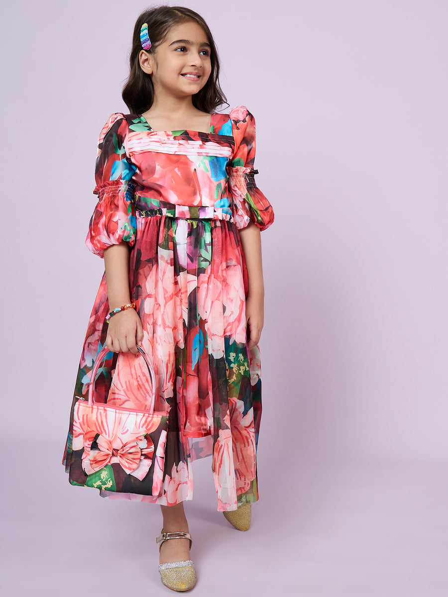 Girls Floral Print Dress with Purse 17337 | Peppermint