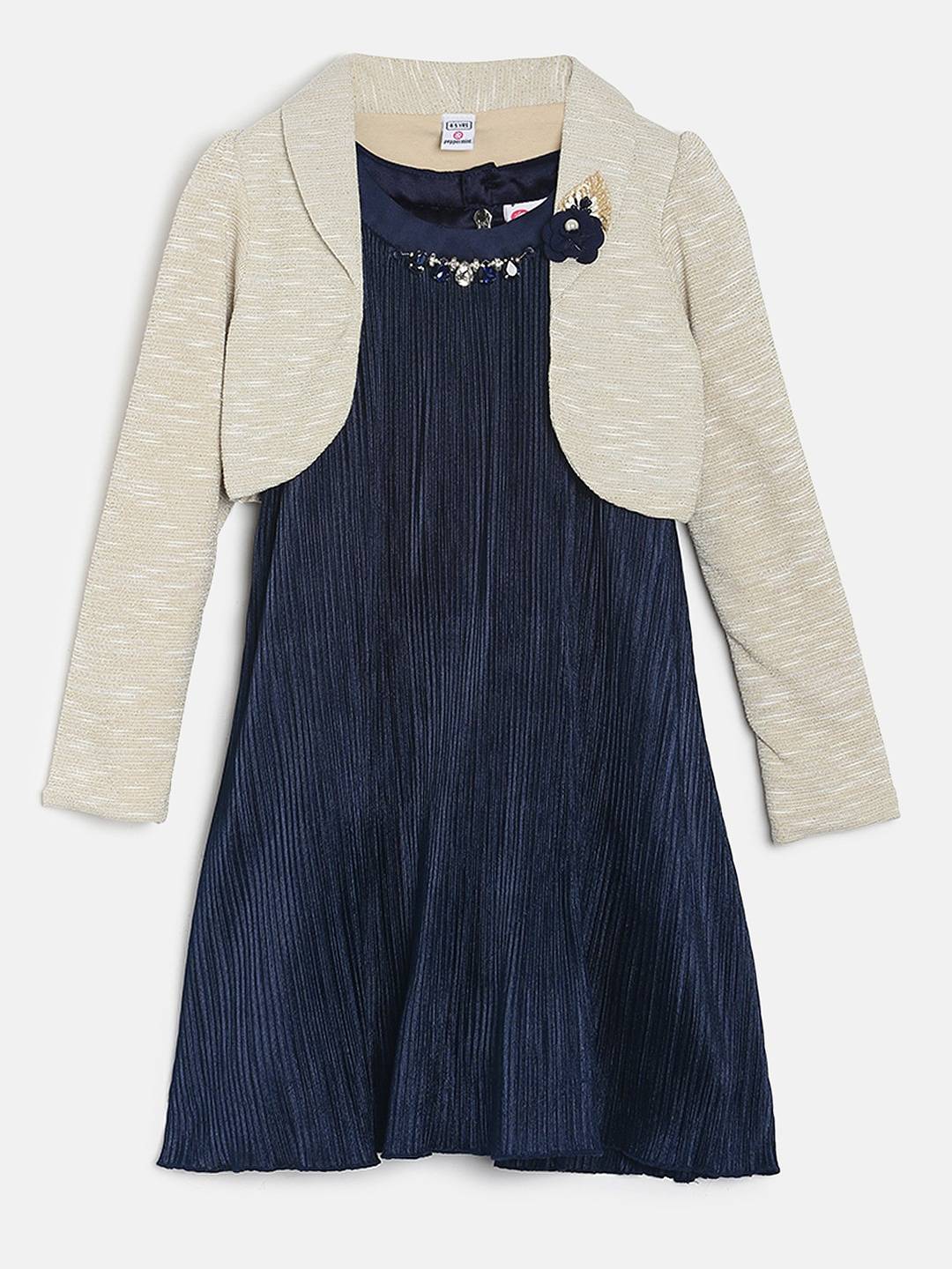 Girls Navy Blue Satin Finish Dress With Shrug 12836 | Peppermint