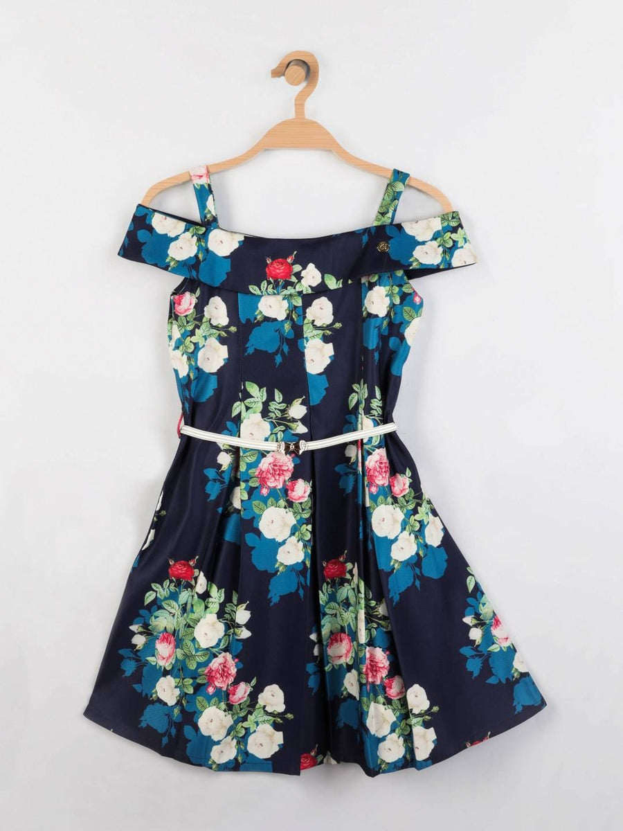 Girls Navy Blue Satin Finish Dress With Belt 12452 | Peppermint